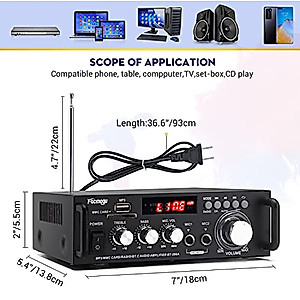 Facmogu 298A Max 300Wx2 Wireless Bluetooth 5.0 Stereo Audio Amplifier, RMS 40Wx2 Power Amp 2 Channel Stereo Receiver for Home Theater Speakers, Bass & Treble Control, USB/SD/RCA/MIC/FM in, Remote