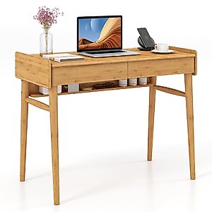 Giantex Computer Desk, 39.5" Bamboo Home Office Desk with 2 Storage Drawers and Open Shelf, Makeup Table Vanity Desk, Modern Writing Desk Computer Workstation for Bedroom, Study, Natural
