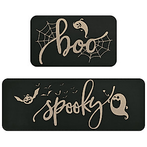 2 Pcs Halloween Kitchen Rugs Mat, Personalized Ghost Bat Horror Black Area Rug Set of 2 Washable, Non-Slip Absorbent Cartoon Boo Spooky Kitchen Mats Cushioned Anti Fatigue, 17'' x 47'' + 17'' x 30''