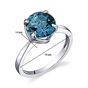 PEORA London Blue Topaz Elegant Solitaire Ring for Women 925 Sterling Silver, Natural Gemstone, 2.25 Carats Round Shape 8mm, Size 9