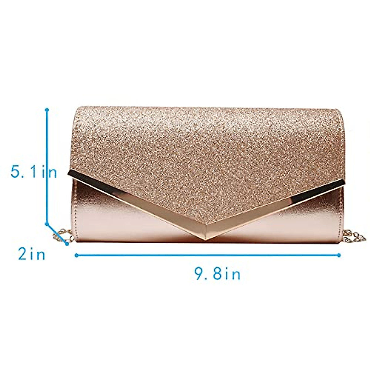 Teanea Glitter Envelope Clutch Formal Evening Wedding Handbag Chain Purse for Women, Rose Gold