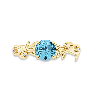 AFFY 6MM Round Cut Simulated Aquamarine & White Cubic Zirconia Floral Ring 14k Yellow Gold Over Sterling Silver Ring Size-8.5