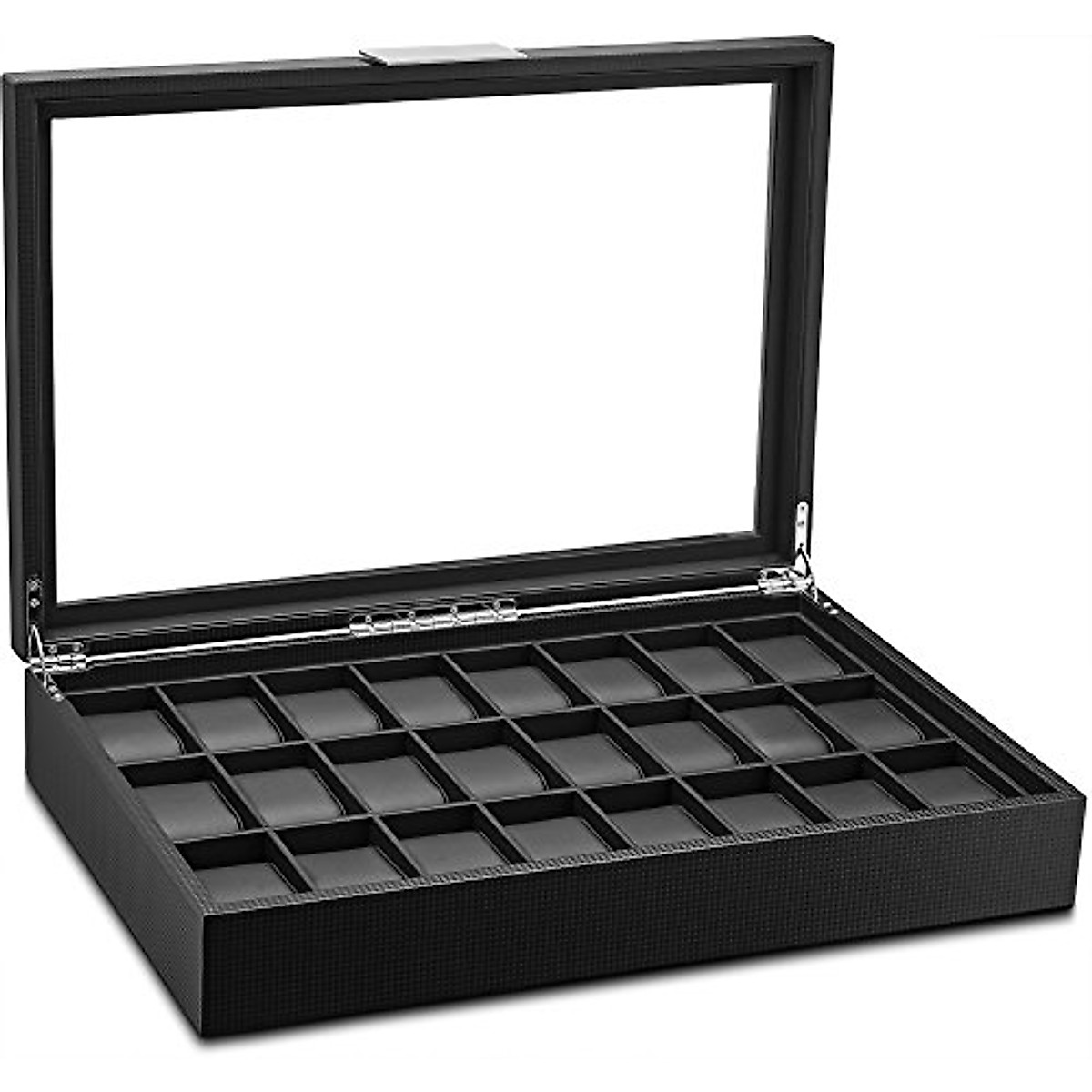 Glenor Co Watch Box for Men - 24 Slot Flat Luxury Display Case Organizer, Carbon Fiber Design for Mens Jewelry Watches, Men's Storage Holder Boasts Large Glass Top,Metal Buckle & Leather Pillows-Black
