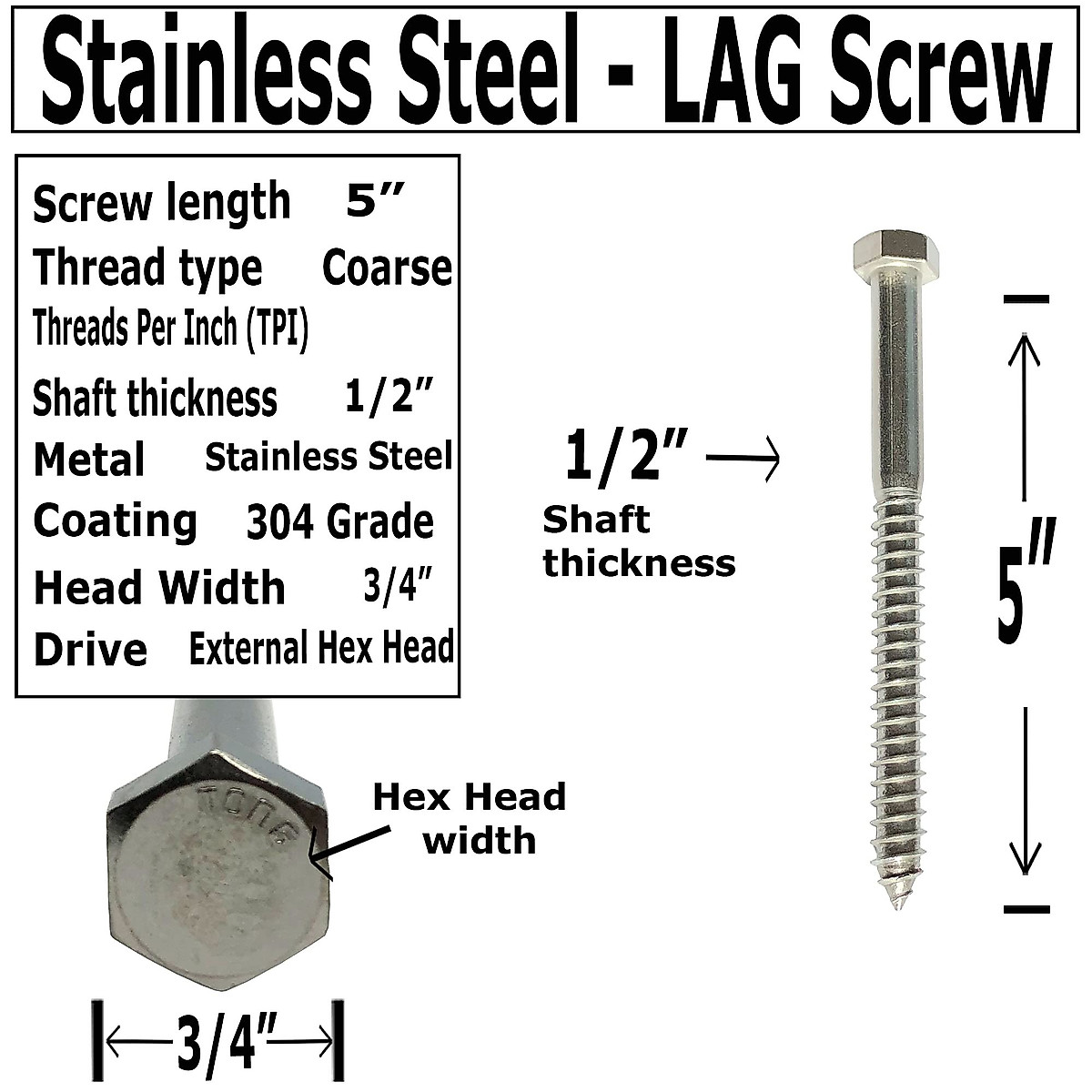 1/2" X 5" - 304 Grade Stainless Steel lag Screws, Hex Head Fasteners, Stainless Steel Screw. Use as Construction, Wood, Metal, lag Screw mounting Screws Fasteners lag Bolts. Heavy Duty Screws. (5)