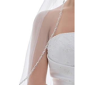 SAMKY 1T 1 Tier Double Row Wavy Pearl Crystal Edge Veil - Light Ivory Fingertip 36" V489