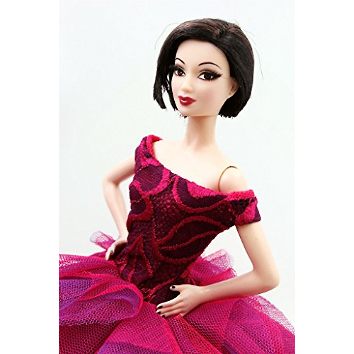 [Handmade Dress Fit for 12" Doll] Cora Gu Classic Off Shoulder Fuchsia Rose Lace Dress/Wedding Gowns Fit for 12" Fashion Doll [Doll's not Included]