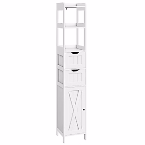 Bathroom Cabinet, Bathroom Storage Cabinet Rack Stand, Freestanding Narrow Tall Cabinet with Door and Adjustable Shelf, Multifunctional Bathroom Floor Cabinet with 2 Drawers (White)