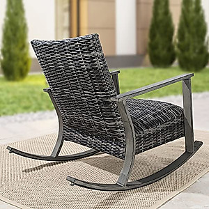 Ulax Furniture Outdoor Wicker Rocking Chair, All- Weather Outside Rattan Furniture, Club Rocker Chair with Armrest for Garden, Patio, Balcony and Backyard (Grey)