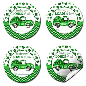 Loads of Luck Green Pickup Truck with Clover St. Patrick’s Day Gift Tag Sticker Labels for Kids, 40 2" Party Circle Stickers by AmandaCreation, Great for Party Favors, Envelope Seals & Goodie Bags