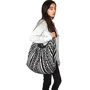Tribe Azure Jacquard Cotton Shoulder Banana Style Fashion Travel Canvas Tote Bag Hobo Style Casual Market Purse Handbag (Black White)