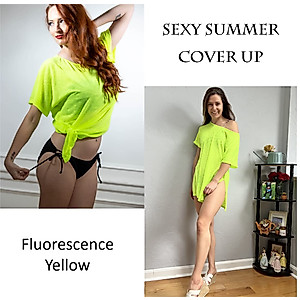 Ekouaer Bathing Suit Coverups Short Sleeve Swim Cover Up Loose Coverups for Womens Swimwear Pool Cover Up Fluorescence Yellow S