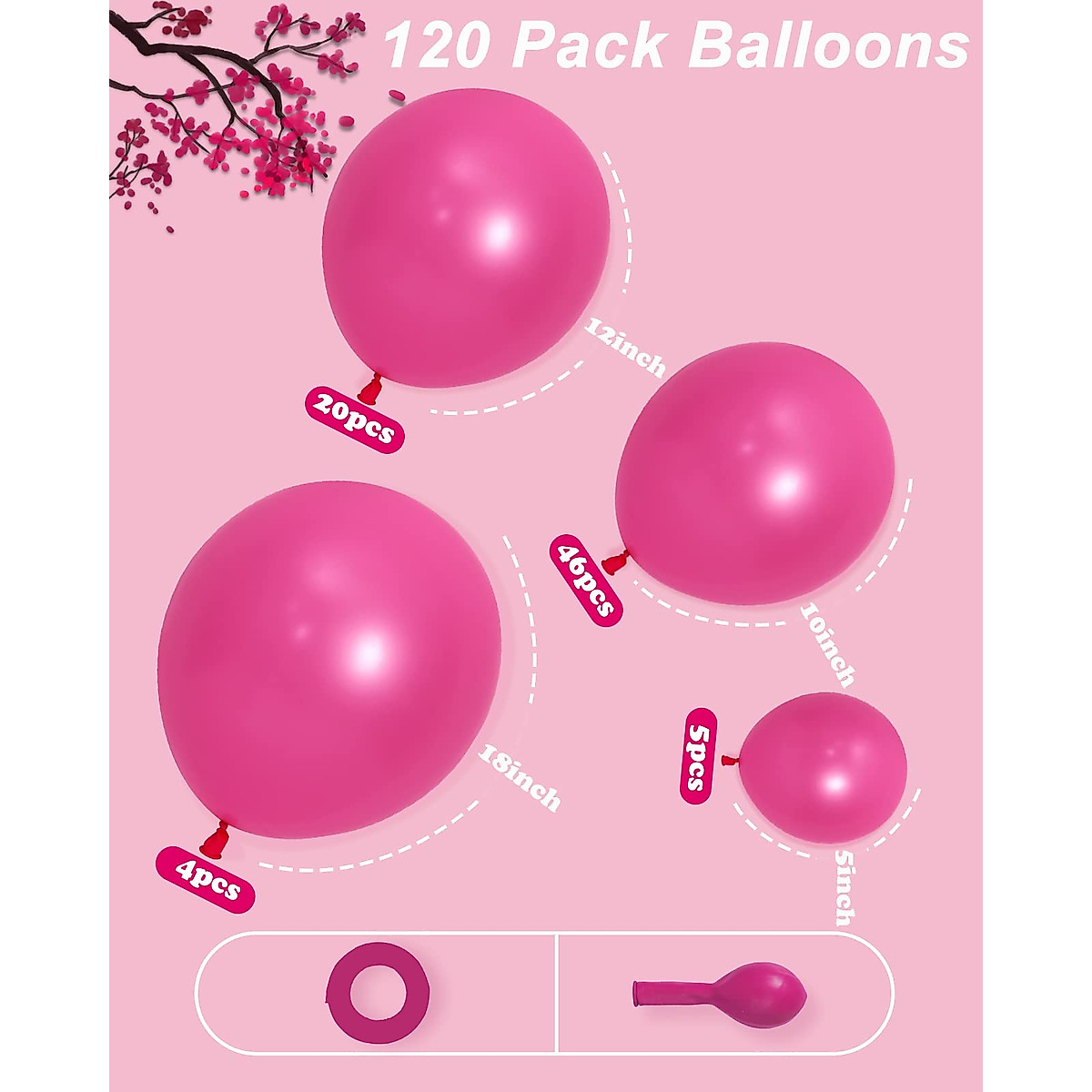 CACOLULU Hot Pink Balloons Garland - 120Pcs 18+12+10+5 Inch Pink balloons Different Sizes as Hawaiian Party Decorations, Pink Balloons Arch Kit as Flamingo Party Decorations, Balloons Pink Party Décor