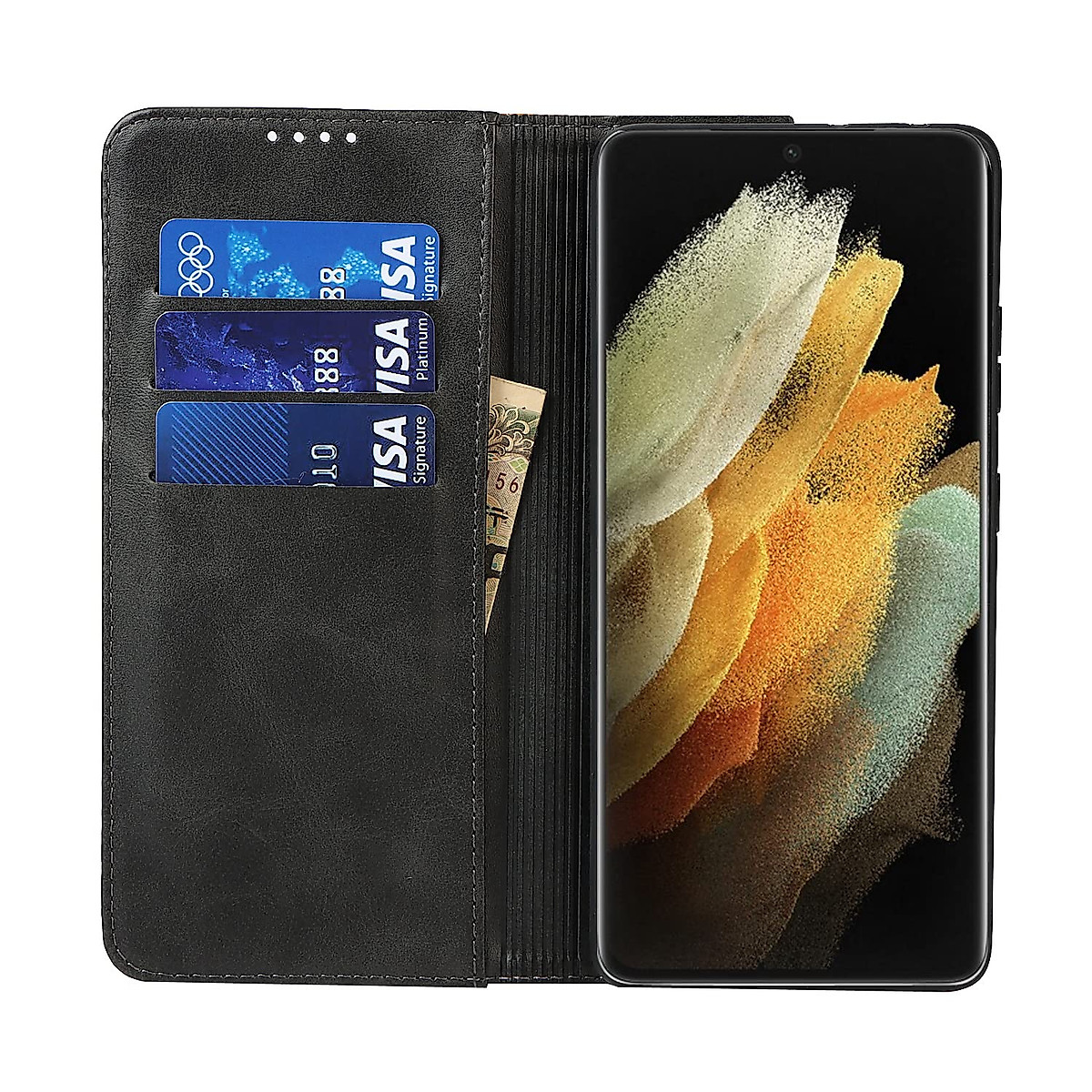 JWS-C Samsung Galaxy S21 Ultra Wallet Case with Card Holder Slots Luxury Flip Leather Cover for Samsung Galaxy S21 Ultra 6.8 inch-Black Yellow Samsung S21 UItra5G Samsung s21 Ultra