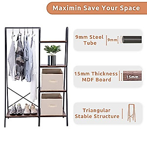 YOUDENOVA Clothing Rack with Bottom Shelve, Industrial Garment Rack with 3 Mesh Shelves, Freestanding Closet Heavy Duty with 2 Fabric Storage Boxes