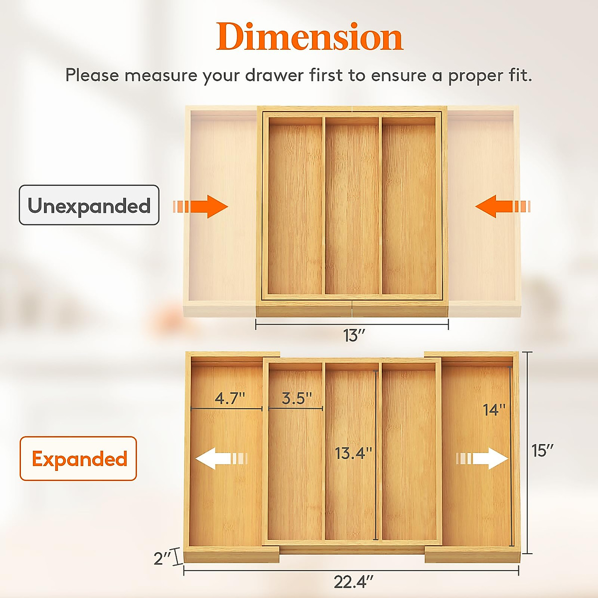 Lifewit Utensil Organizer for Kitchen Drawer, Expandable Cooking Utensil Tray, Bamboo Cutlery Silverware Flatware Holder, Adjustable Spatula Tools and Gadgets Storage Divider, Large, Natural