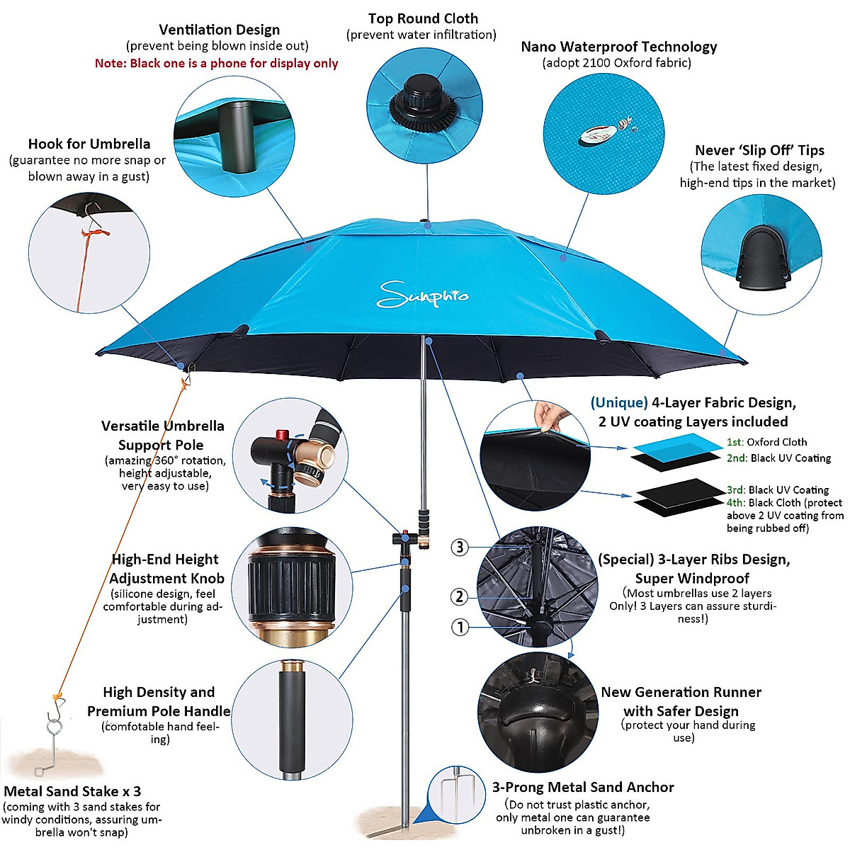 Sunphio Beach Umbrella with Sand Anchor, Heavy Duty, High Wind Resistant, Portable and Large Windproof Beach Umbrellas with Sand Bags for Travel, Best Sun Protection UV