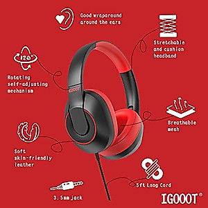 igooot Kids Headphones Wired,with case Most Comfortable Over Ear Children Headphones,Adjustable,Volume Limiter 85/94dB,for School/Plane/Switch/Amazon-fire-Tablet/ipad,3.5mm Jack,Black&Red.