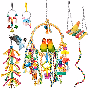 Bonjin Bird Parakeet Toys, Bird Swing Toy Bird Perch Colorful Chewing Toys, with Bells Hanging Toy Climbing Ladder Suitable for Budgerigar, Parakeet, Conure, Cockatiel, Mynah, Love Birds, Finches