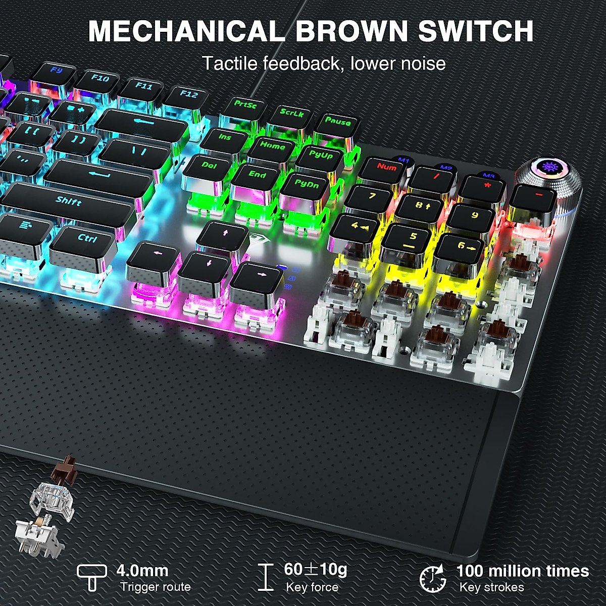 AULA F2088 Mechanical Gaming Keyboard, Tactile Brown Switches, LED Rainbow Backlit, Volume Controls, Removable Wrist Rest, Unique Cool Square Keycaps, Full Size Wired Keyboard for Windows/Mac/PC