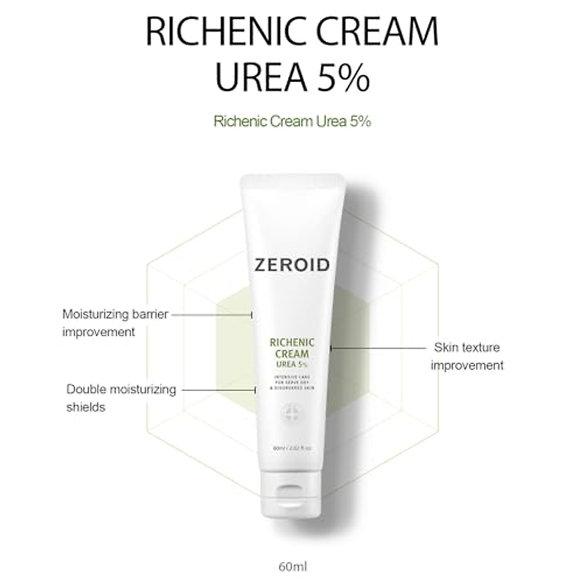 ZEROID Richenic Cream with Urea 5% Intensive Care Korean Dermocosmetic Skincare for Dry & Disordered Skin (2 oz./60 ml) (60 mL)