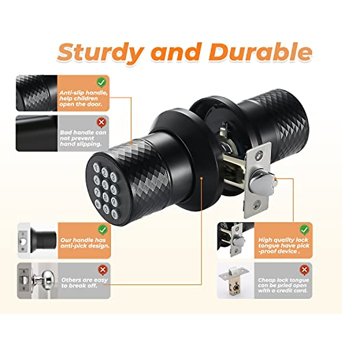 Keypad Door Knob Lock, Keyless Entry Door Lock with Anti-Slip Handle, Auto Lock, Waterproof Electronic Black Door Knob, Safe and Easy Installation for Home, Office, Hotel and Garage