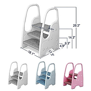 3 Step Stool for Toddler,Kids Three Step Stool for Bathroom Sink or Kitchen Counter Standing Tower, Children Step Up Learning Helper with Safety Handles and Non-Slip Pads,Grey