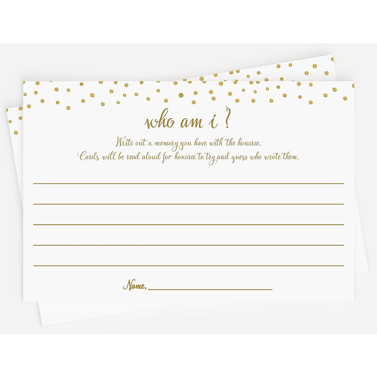 Who Am I? - Favorite Memory Game - Gold Confetti (50-cards) Bridal Showers, Baby Showers, Weddings, Anniversary Parties, Retirement, Milestones, Any Occasion