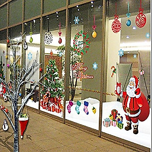 LONGTEN Christmas Windows Static Stickers Clings Santa Claus Snowman Deer Snowflake Removable Vinyl Christmas Tree DIY Window Door Mural Decal Sticker for Showcase A