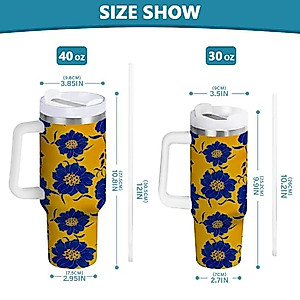 RPLIFE Elegant Dark Blue Flowers Yellow 40 Oz Tumbler with Handle and Straw, Stainless Steel Cups with Lid, Coffee Tumbler for Women
