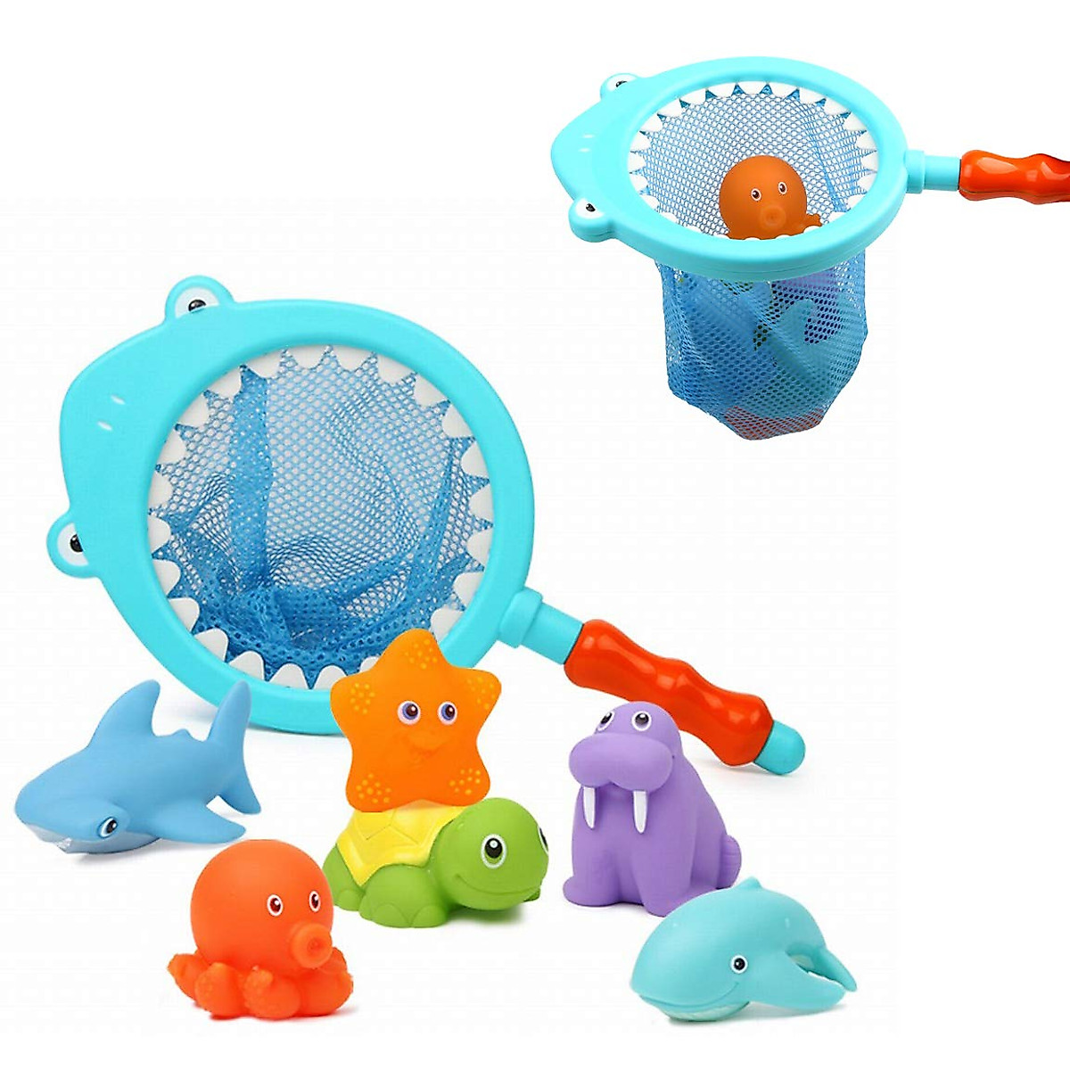 Bath Toy , Fishing Floating Animals Squirts Toys Games Playing Set with Fishing net , Fish Net Game in Bathtub Bathroom Pool for Babies Toddlers and Kids (Dark Blue)