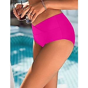 Blooming Jelly Womens High Waisted Bikini Bottom Black Swimsuits Tummy Control Bathing Suit Bottoms（Medium,Hot Pink