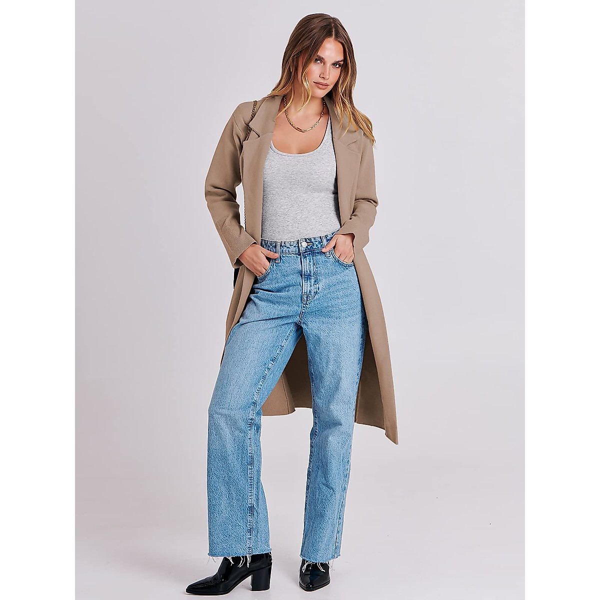 ANRABESS Women Cardigan Oversized Open Front Sweater Coat Lady Blazer Jacket Fall Outwear Coatigan 2024 Trendy Outfits Khaki Medium