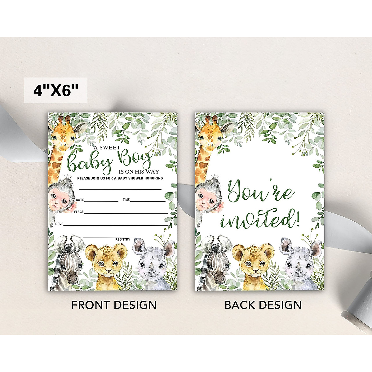 Geuro Baby Shower Invitations, Jungle Animals Fill In Invites Cards wih Envelopes, A Little wild one, Wooden, Set of 25.