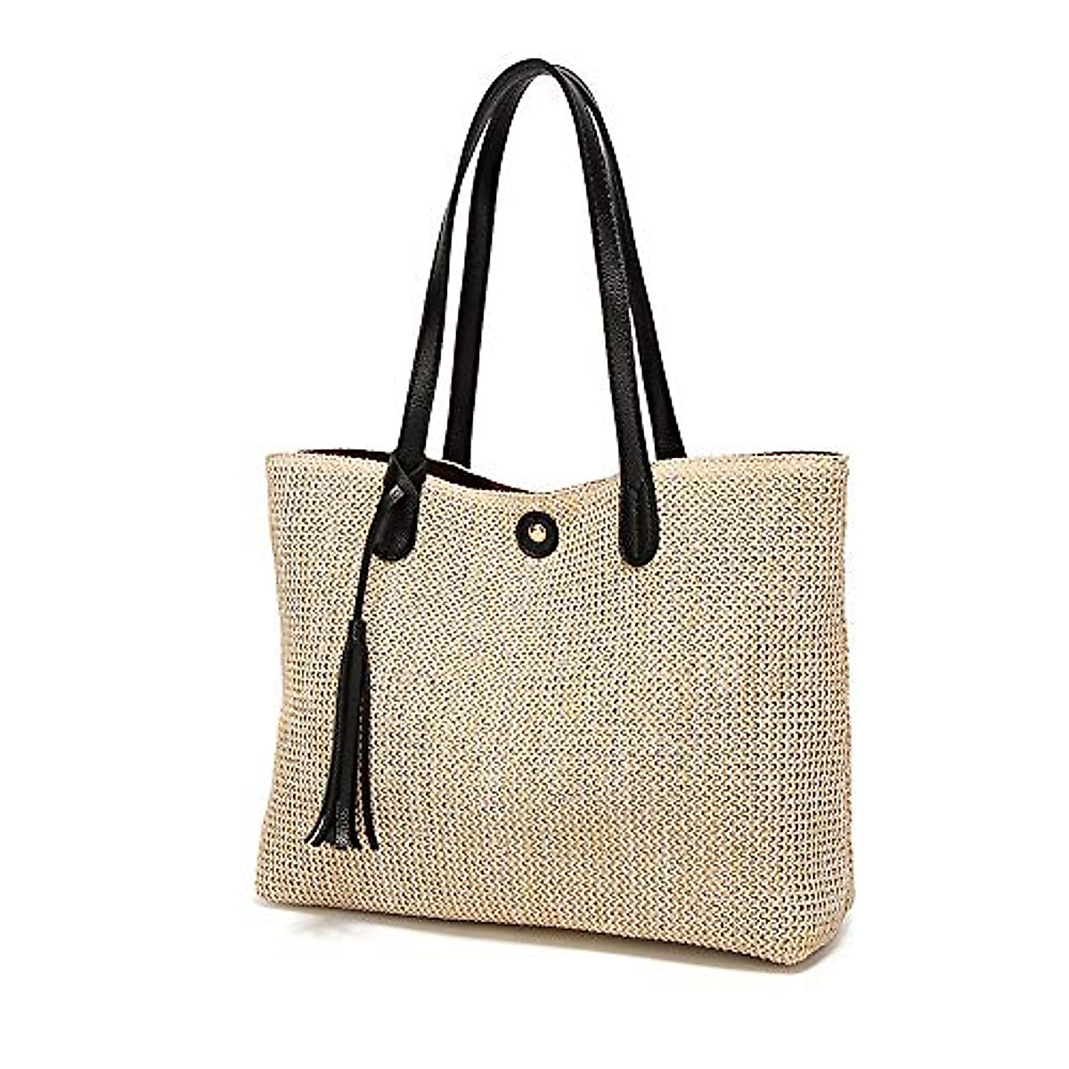 QTKJ Women Straw Summer Beach Bag Handwoven Big Tote Leather Shoulder Handbag with Tassel Decorate (Black)