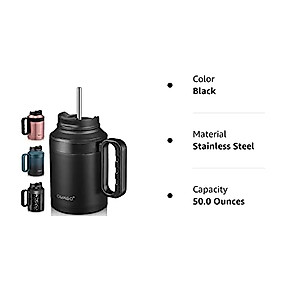 CIVAGO 50 oz Insulated Tumbler Mug with Lid and Straw, Vacuum Travel Coffee Mug with Handle, Double Wall Stainless Steel Water Cup Bottle, Black