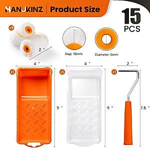 HANJKINZ Paint Roller kit, 2 Inch 15 Pack Small Paint Roller Kit with Microfiber Paint Roller Covers, Paint Tray, Paint Tray Liner, Mini Paint Roller for Painting Corners