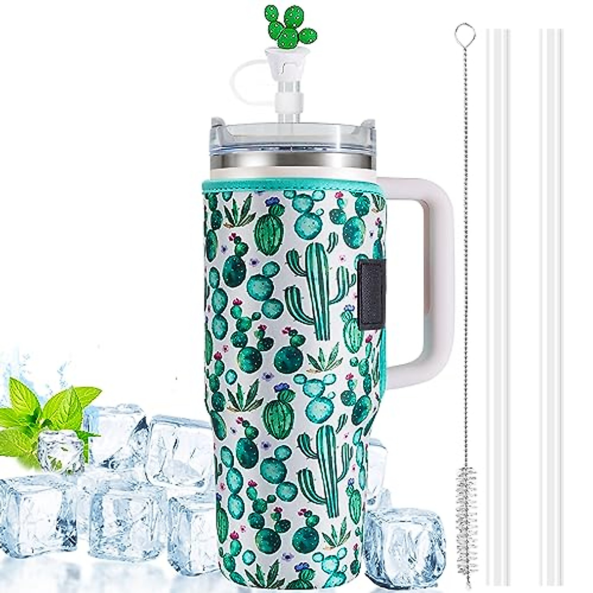 Reusable Neoprene Insulated Sleeves Cup Holder for Stanley 40oz Tumbler with Handle,Protective Water Bottle Sleeve Cover,with 2 Straw, Cleaning Brush and Straw Cover for Stanley Cup Accessories