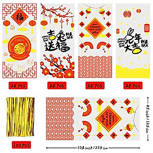 100 Pcs Chinese New Year Gift Bags, 4 Designs Chinese New Year Goodie Bags Lunar New Year Spring Festival Year of the Rabbit Cellophane Treat Candy Favor Red Bags for Chinese New Year 2023 Decorations and Party Supplies