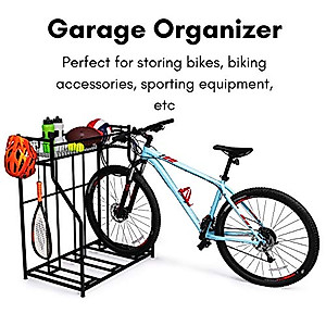 3 Bike Stand Rack with Storage – Great for Parking Road, Mountain, Hybrid or Kids Bikes – Garage Organizer - Helmet - Sports Storage Station - Black