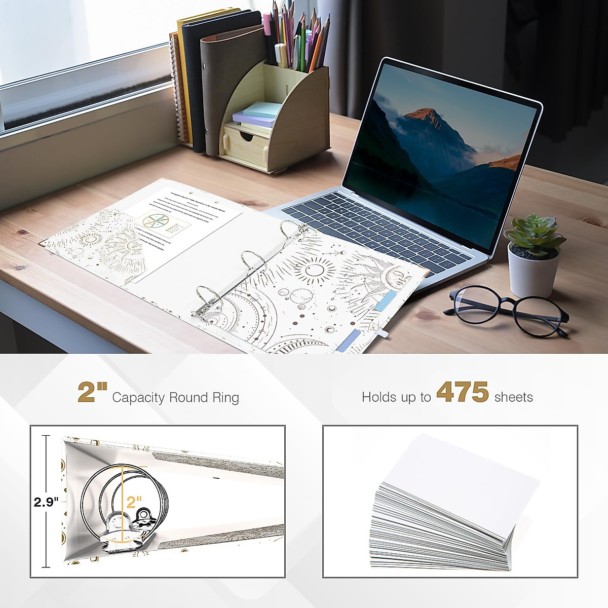 Ospelelf 3 Ring Binder 2 Inch, Cute Binder for Letter Size (11" x 8.5") with 5 Tab Dividers, File Folder Labels and Low Profile Clipboards, Tarot Cards Binder for School Supplies and Office Supplies