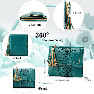 APHISON Small Wallet for Women, Sunflower RFID Wallet Women Leather Womens Wallet Cute Compact Bifold Wallets Zipper Tassel Coin Purse ID Card Holder Peacock Blue