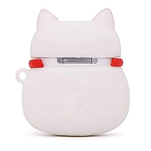 Yonocosta Cute Airpods Case, Airpods 2 Case, Fashion Funny 3D Cartoon Animals White Lucky Cat Kitty Shaped Full Protection Shockproof Soft Silicone Charging Case Cover with Keychain for Airpods 1&2