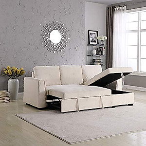 Legend Vansen 91''Velvet Sofa Chaise Storage Reversible L-Shape Sleeper Sectional,Sofabed,Seelper, Apt, Cream