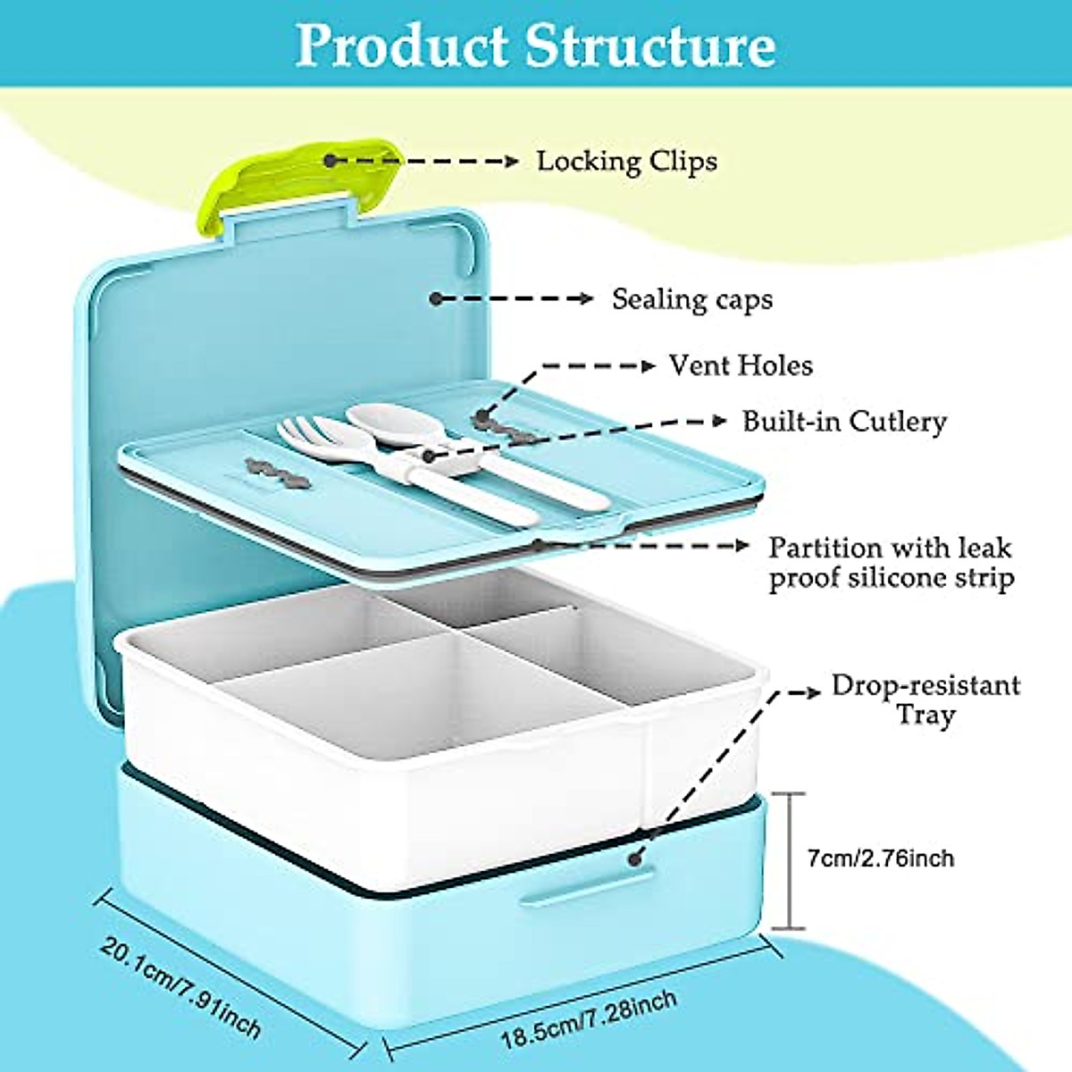 Bento Lunch Box Kids Children, Lunchbox with 4 compartments, Spoon, Fork and Fruit Picks, Blue Food Containers for Boys, Daycare/Travel/School, Leak-Proof, BPA-Free, Microwave/Dishwasher/Freezer Safe