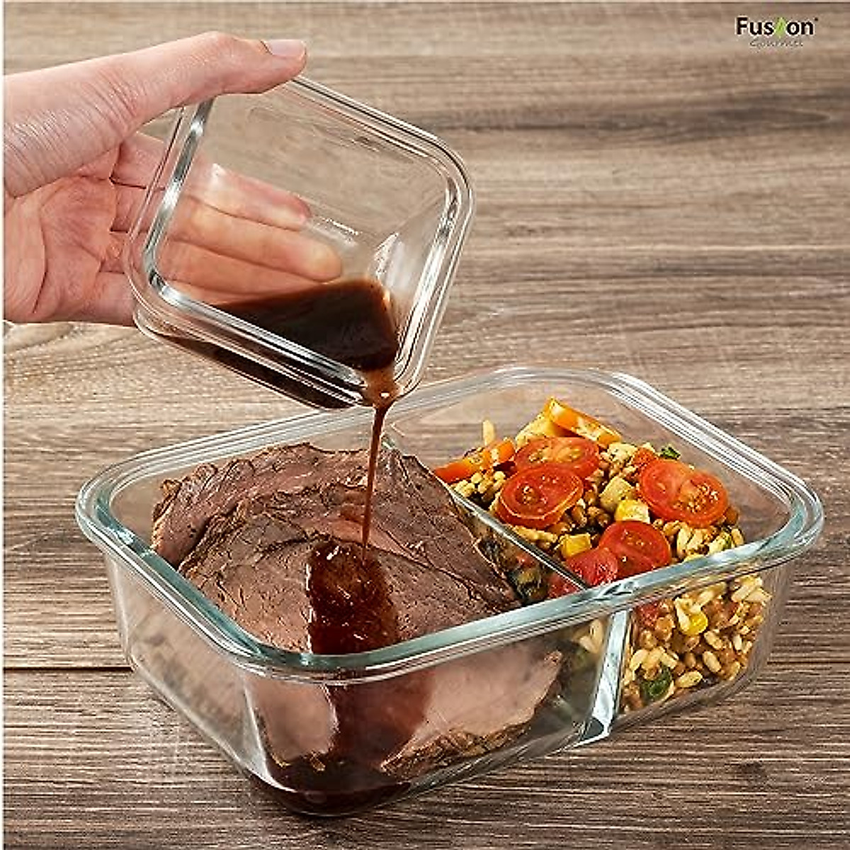 Fusion Gourmet Nestable Divided Glass Meal Prep Containers, 2 Compartment with Condiment container [4x 4 cup & 4x 1/2 cup] Airtight, Leak proof, Microwave Safe for Portion Control (Green)