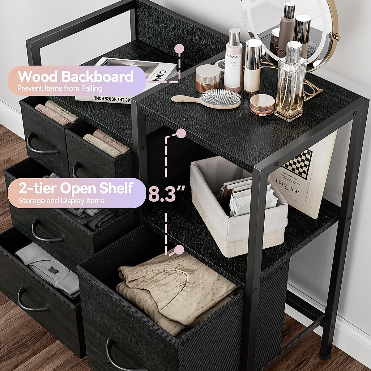 Furnulem Dresser for Bedroom Organization Fabric Dresser Units with 5 Storage Drawers Sturdy 2 Tier Shelf Large Space Dresser Bedroom Dresser for Hallway Entryway Dorm Black