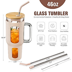 WINSA Glass Tumbler with Lid and Straw, 46 oz Iced Coffee Cup with Handle, Glass Water Bottles with Silicone Sleeve, Glass Cup with Straws - Boba Straw & Drinking Straw BPA Free-Amber