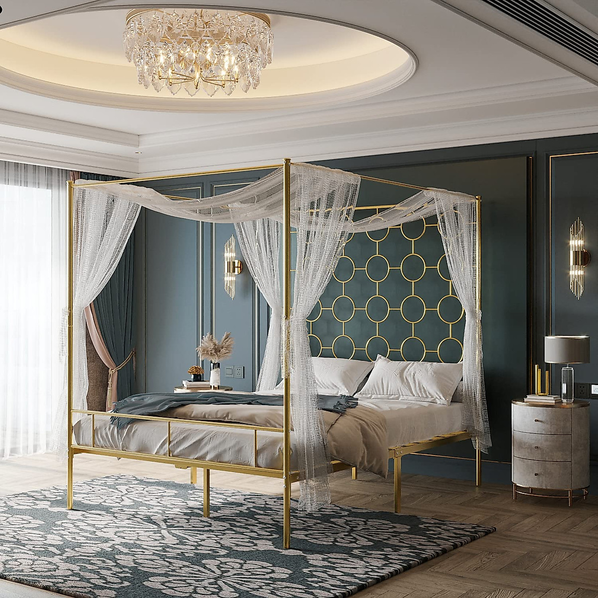 PAUKIN Gold Metal Canopy Bed Frame Queen/Mattress Foundation with Steel Slat Support/No Box Spring Needed/Easy Assembly, Queen