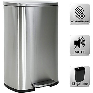 Dkeli Kitchen Trash Can with Soft Slow Lid Pedal Step Trash Can with Removable Plastic Inner Bucket Stainless Steel Garbage Can for Bathroom Kitchen and Office Trash Bin 13 Gallon / 50 Liter, Silver