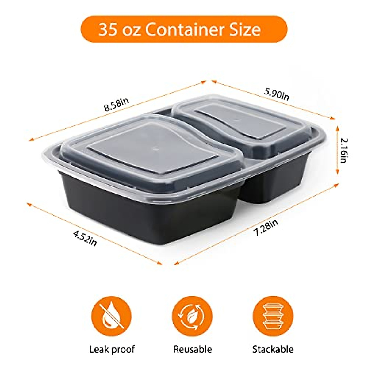 Landmore Meal Prep Containers, Food Prep Container 20 Pack 34oz 2 Compartment with Lid, BPA Free, Stackable/Reusable Lunch Boxes, Microwavable & Freezer Safe